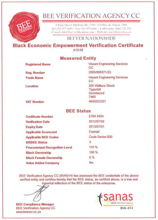 BEE CERTIFICATE: Vesani Engineering for quality design engineering services